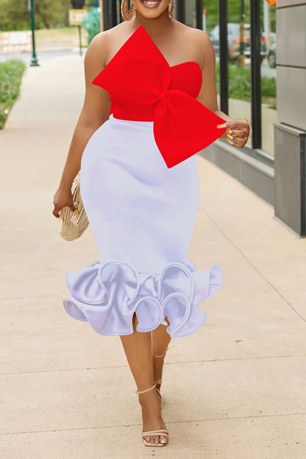 Hit Color Bowknot Chic Hem Wired Ruffle Dress Suit – LovelyCoral