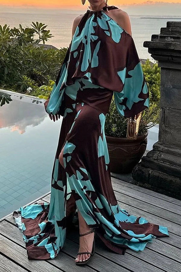 Abstract Print Striking Cold Shoulder High Split Maxi Dress – LovelyCoral