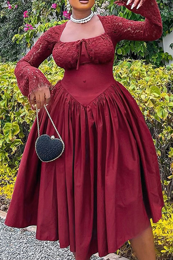 Solid Color Lace Patchwork Square Collar Feminine Irregular Hem Midi ...