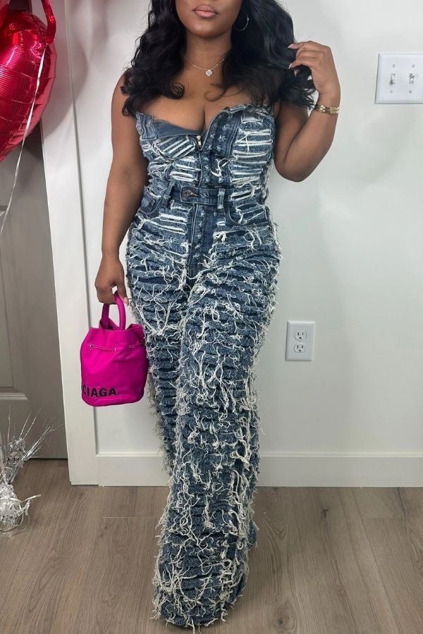 Distressed Frayed Denim Strapless Unusual Jumpsuit – LovelyCoral