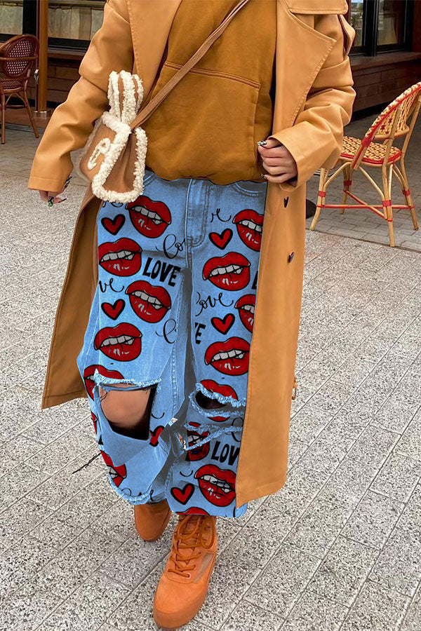 Ripped Love & Lips Print Unusual Wide Leg Jeans – LovelyCoral