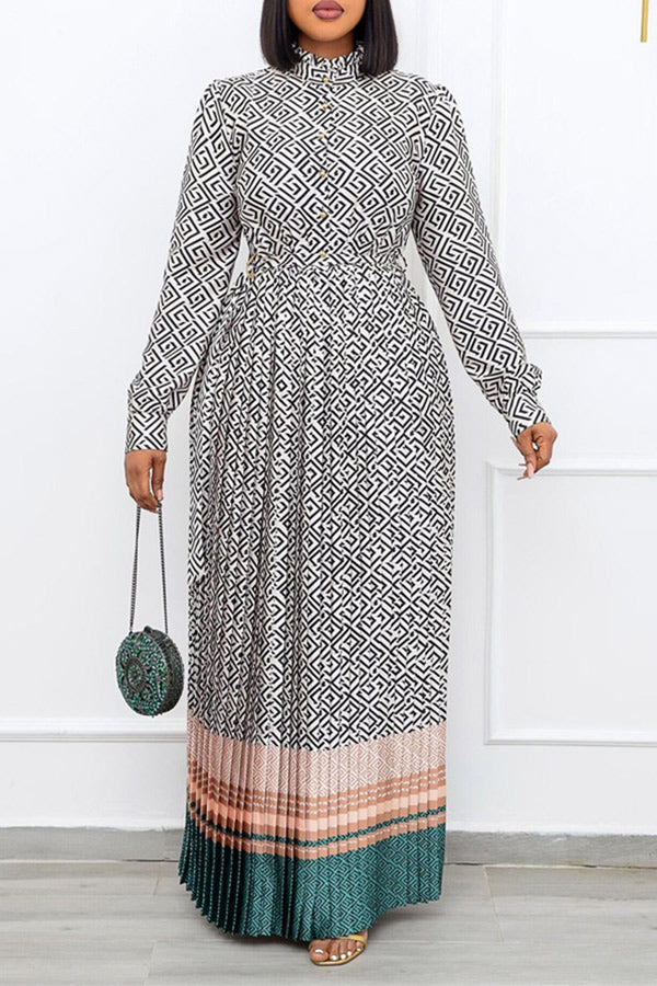 Geometric Print Color Block Retro Belted Pleated Maxi Dress – LovelyCoral